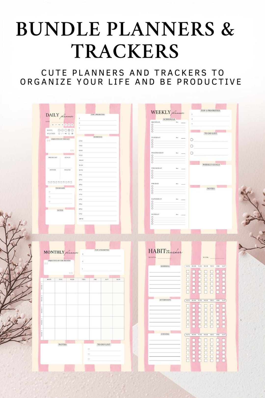 Cute Planner Bundle Printable Pink Pastel Aesthetic Planner PDF Daily ...