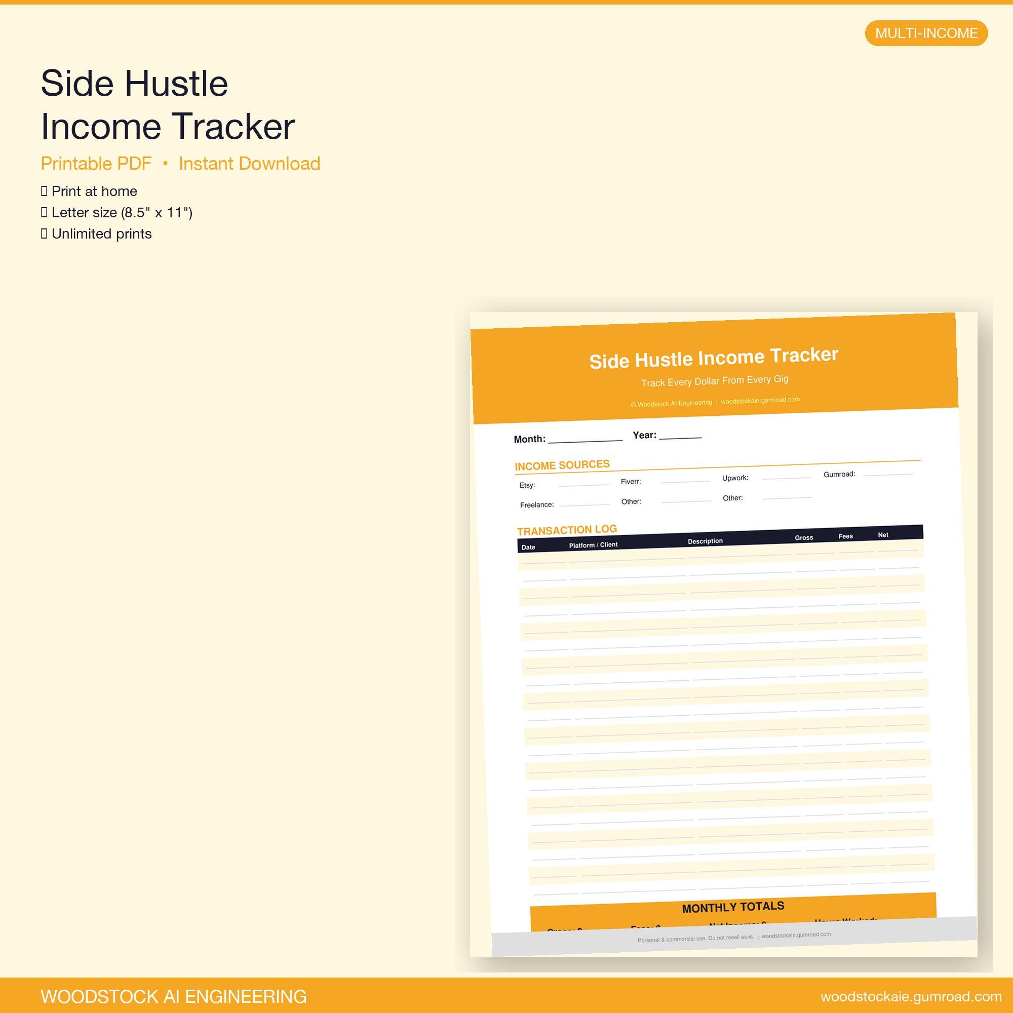 Side Hustle Income Tracker Printable | Freelance Earnings Log | Gig ...