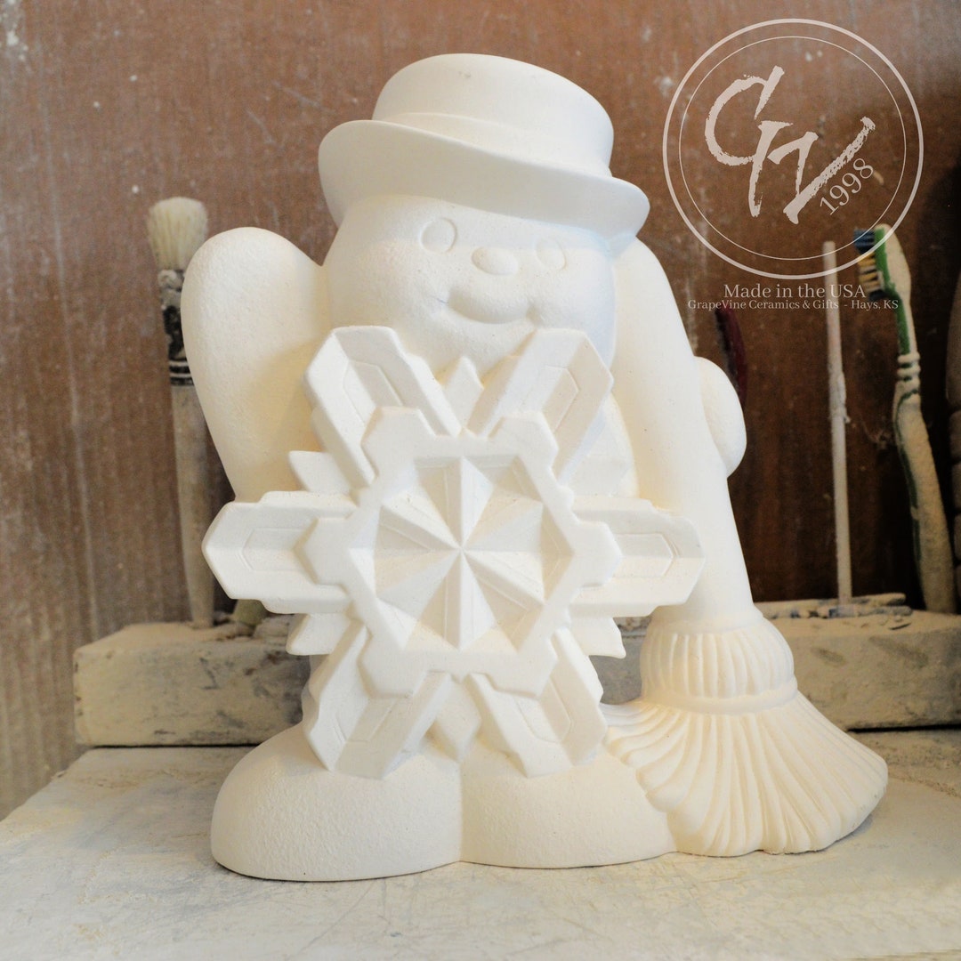 Ready to Paint - Medium Snowflake Belly Snowman With Broom - Clay Magic ...