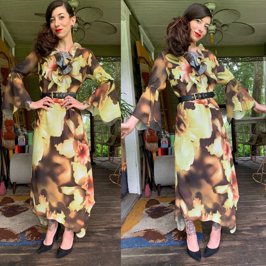 Vintage Designer Sfarzo Macro Floral 3D Orchids Dress Ruffles Bias Size ...
