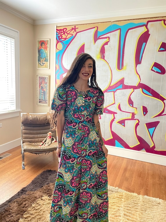 Vintage 1970’s Barkcloth Psychedelic Neon Maxi Dress … - Gem