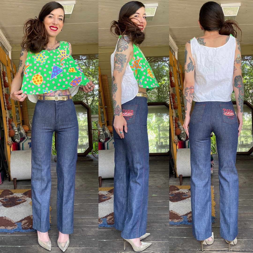Vintage Rare 1970’s Pizza Embroidered Indigo Jeans Dark Xxs Xs 26 Waist ...