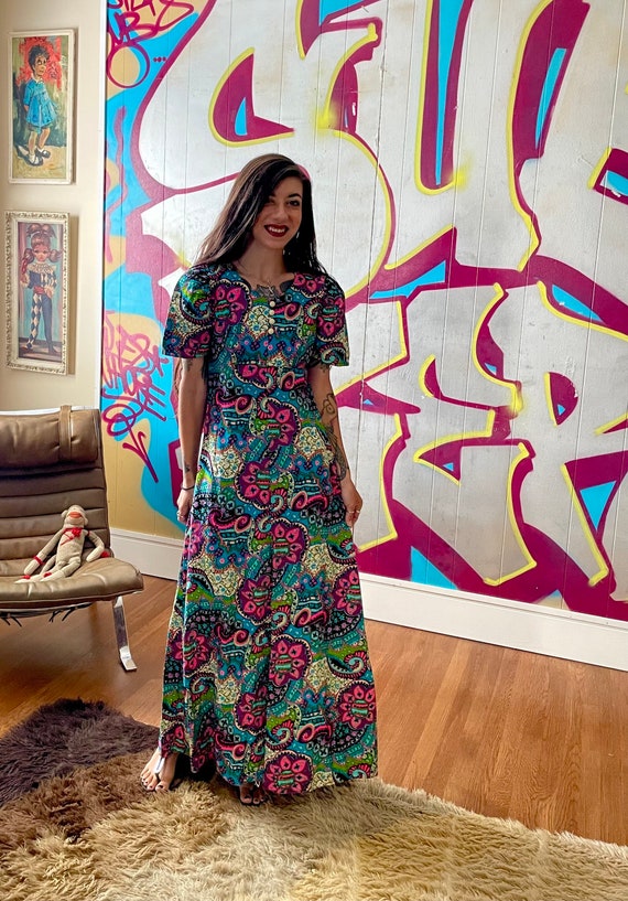 Vintage 1970’s Barkcloth Psychedelic Neon Maxi Dress … - Gem