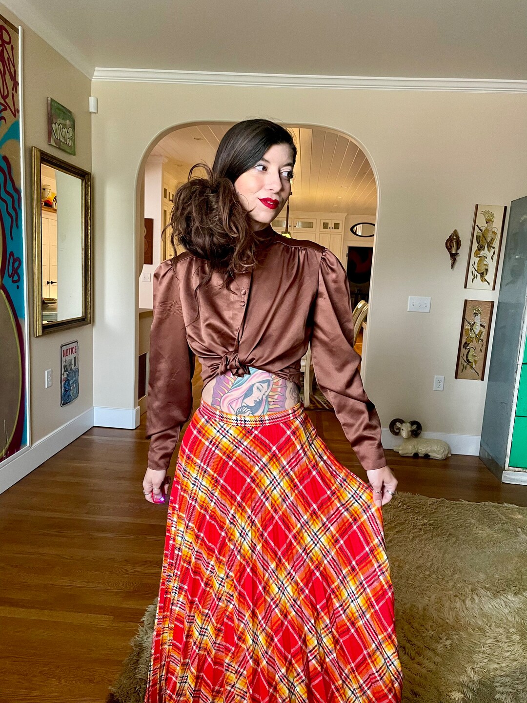 Vintage Chocolate Brown Liquid Satin High Neck Blouse S M Button Front ...