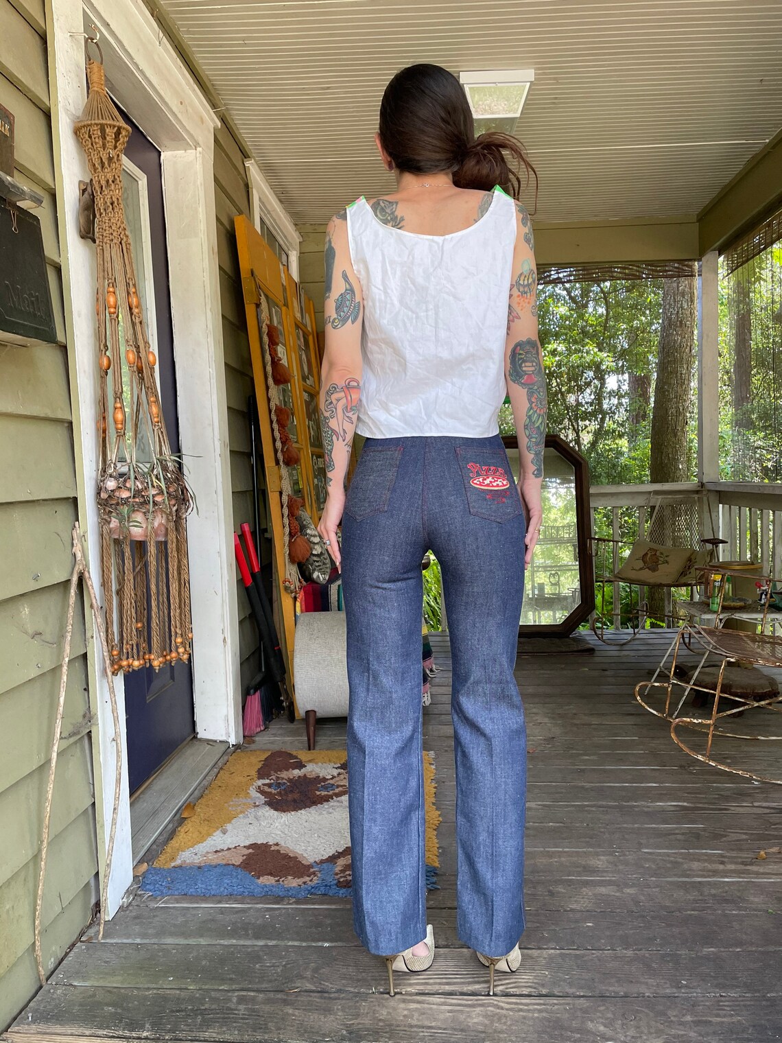 Vintage Rare 1970s Pizza Embroidered Indigo Jeans Dark Xxs Xs - Etsy