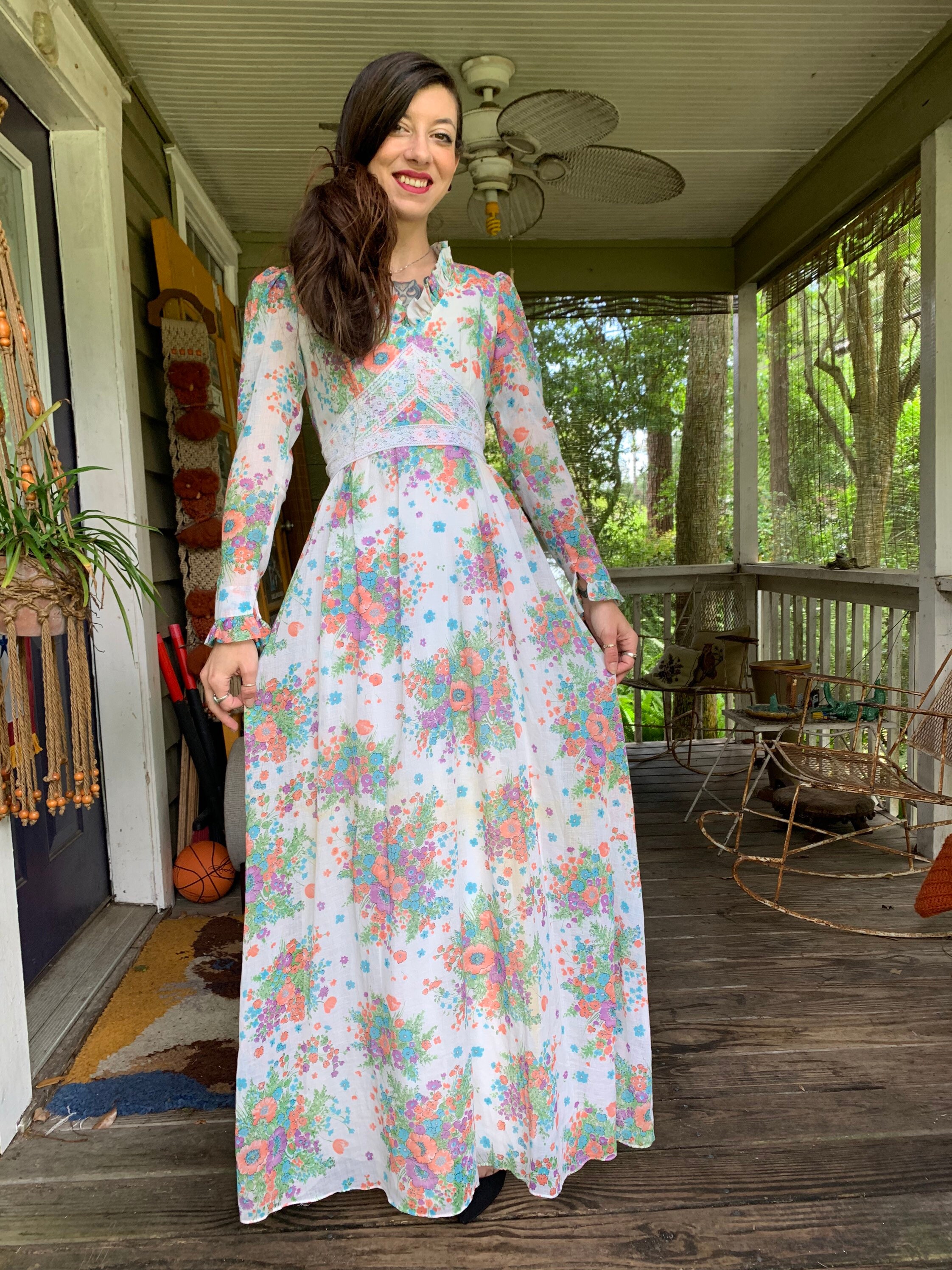 Vintage 1970’s Ethereal Boho Floral Prairie Dress Ruffles Size Xs Small ...