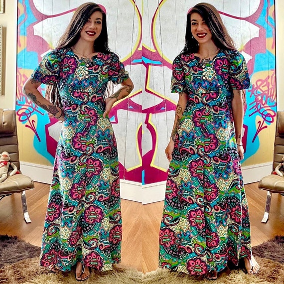 Vintage 1970’s Barkcloth Psychedelic Neon Maxi Dress … - Gem