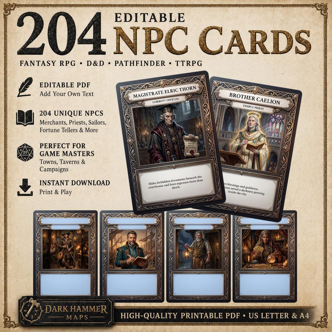 Editable NPC Cards for Dnd, 204 Printable TTRPG Character Cards Pdf ...