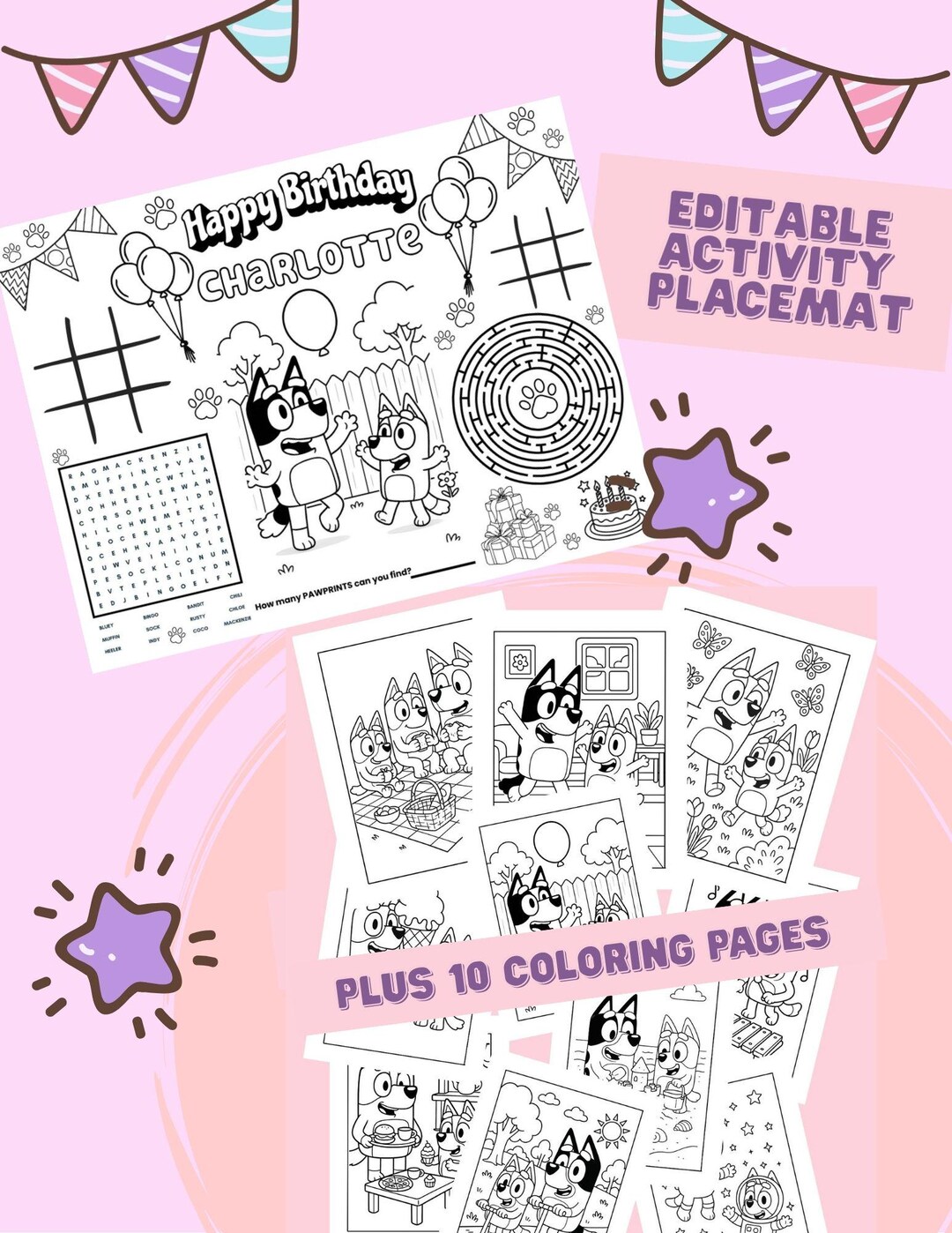 Bluey Party Activity Mat: Kids Birthday Coloring Pages Activity ...