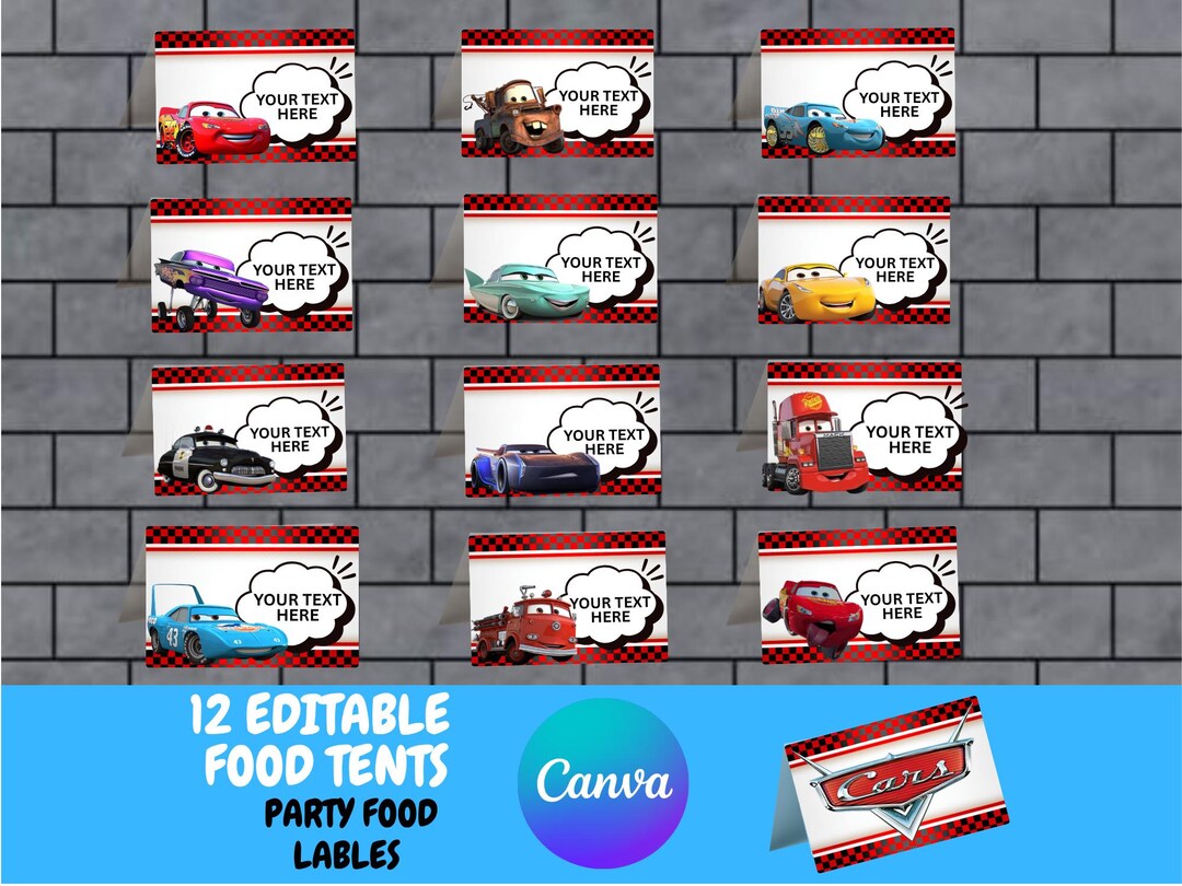 Editable Cars Birthday Party Food Tent Labels, Race Car Lighting Mc ...