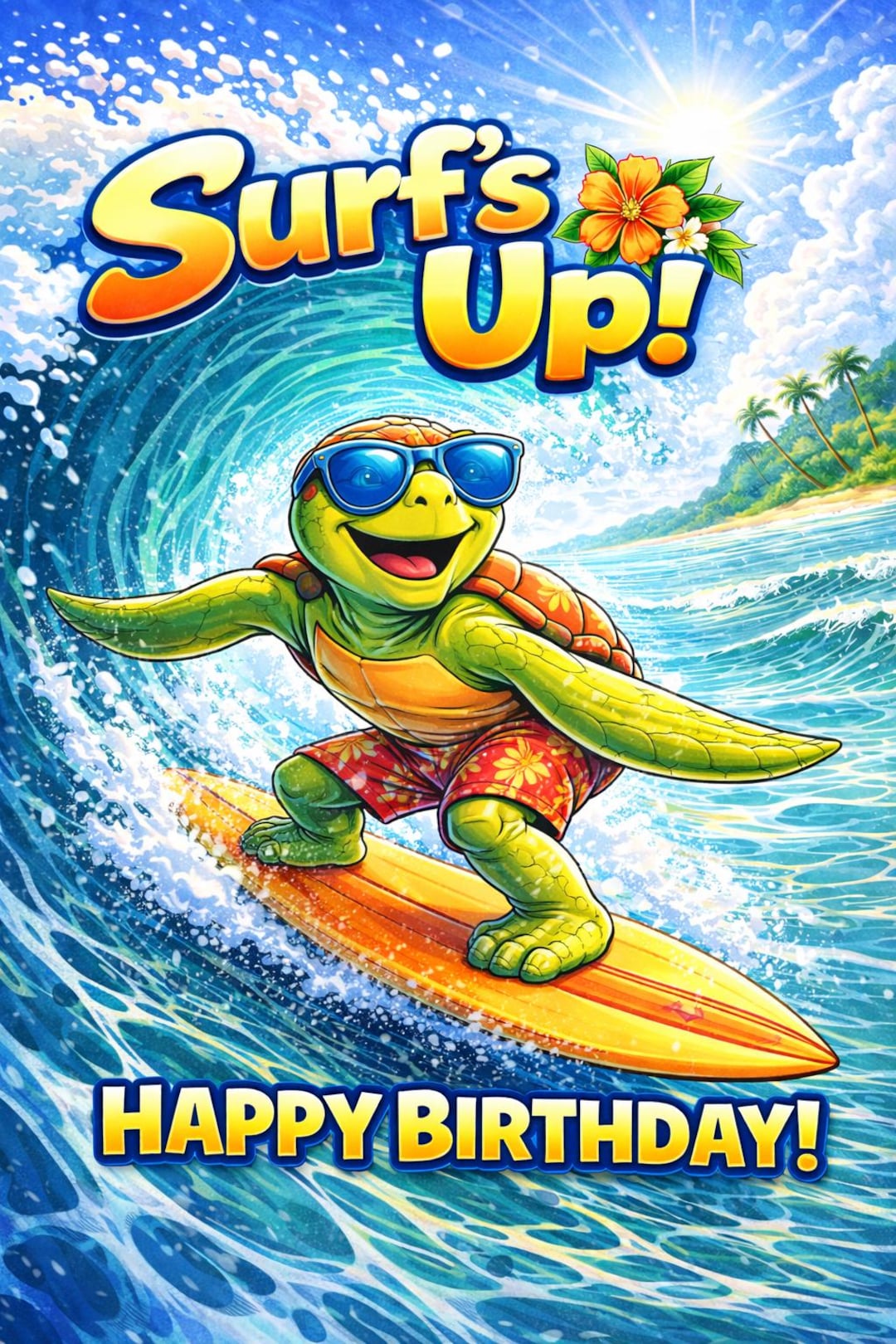 Surfing Turtle Birthday Card | Beach Ocean Waves (digital Download) - Etsy