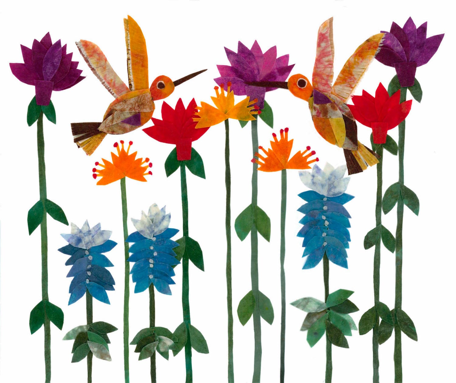 Batik Fabric Collage Art Hummingbirds With Flowers Archival - Etsy