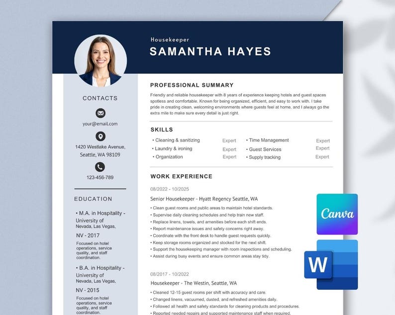 Modern Resume Template Canva & Word: Professional Two Column CV ...