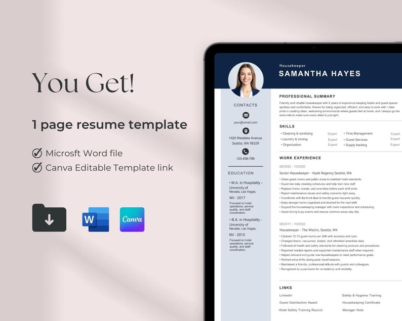 Modern Resume Template Canva & Word: Professional Two Column CV ...