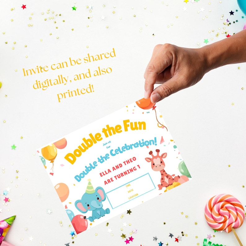 Twins First Birthday Invitation | Editable Animal Party Invite (digital ...