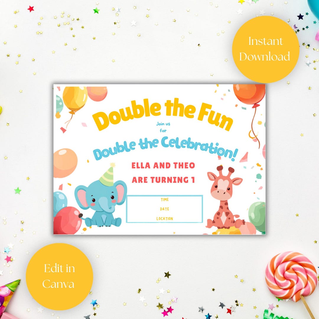 Twins First Birthday Invitation | Editable Animal Party Invite (digital ...