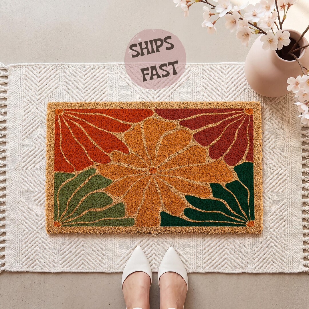 Retro Welcome Mat, Boho Floral Coir Doormat, Bohemian Decor, Mid ...