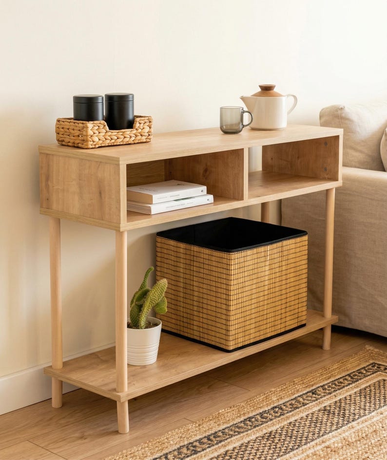 Light Wood Entryway Table - Boho Console Table With Storage - Slim ...