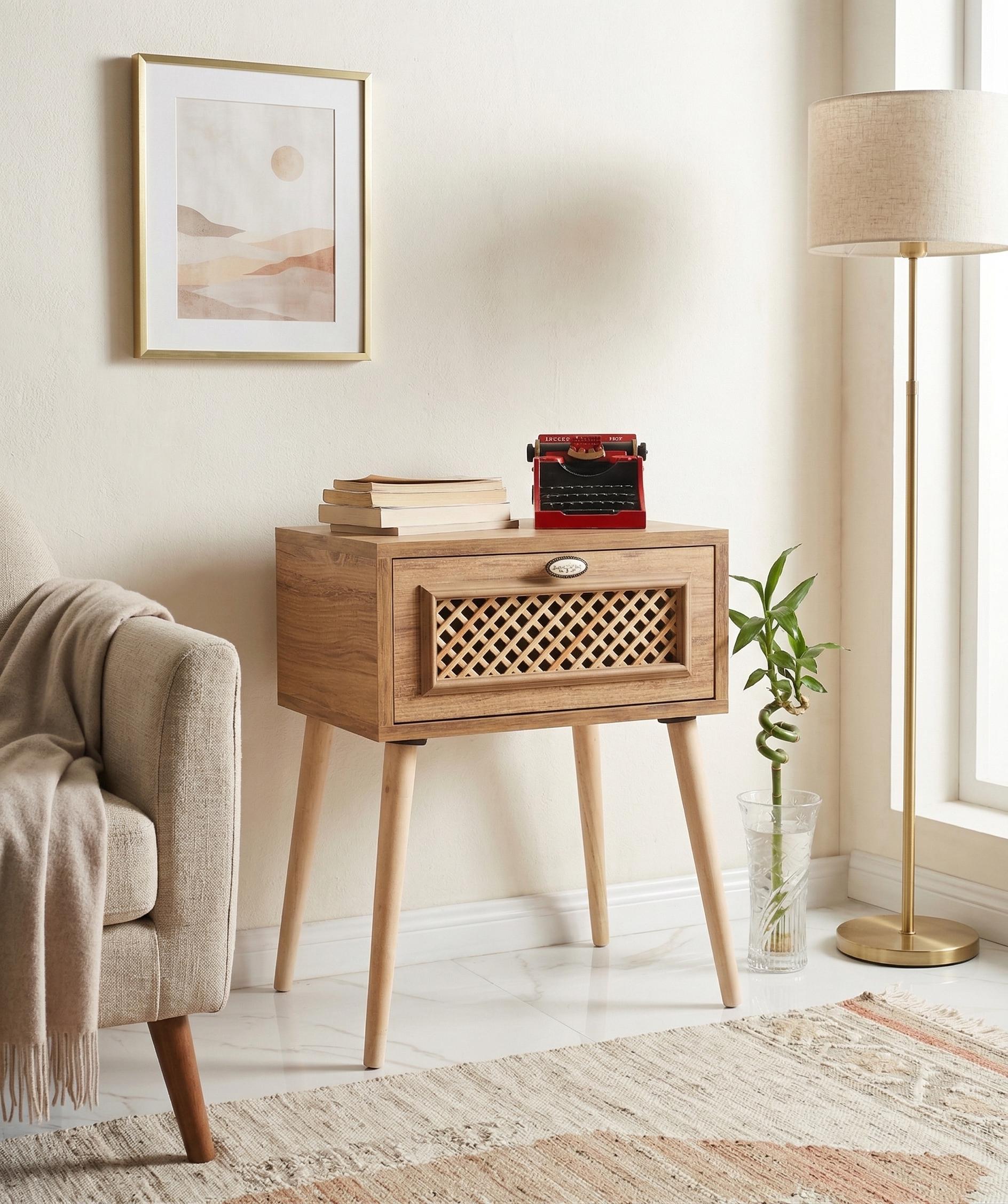 Mid-century Modern Wood Nightstand | Boho Bedside Table With Lattice ...