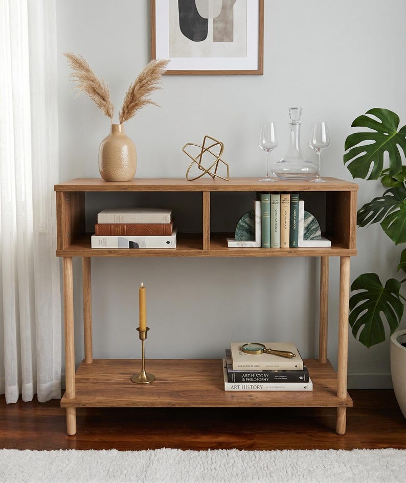 Light Wood Entryway Table - Boho Console Table With Storage - Slim ...