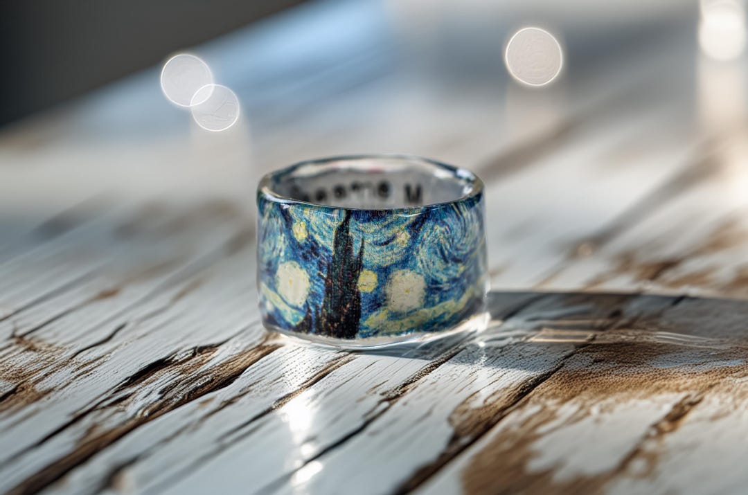 Van Gogh Starry Night Ring Wide Resin Band Statement Art Jewelry ...