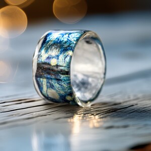 Van Gogh Starry Night Ring Wide Resin Band Statement Art Jewelry ...