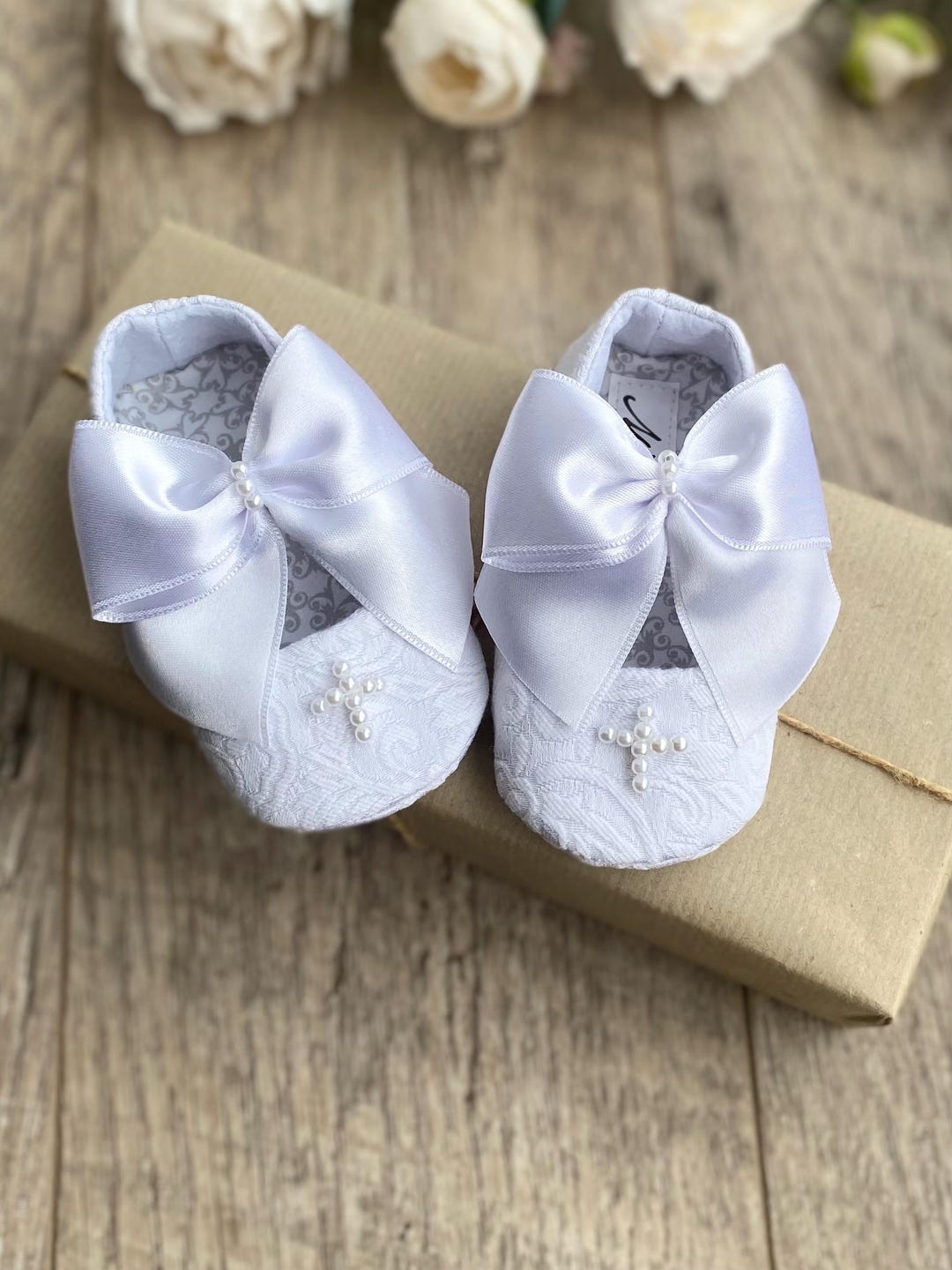 White Baby Girl Baptism Shoes, Pearl Cross, Floral Texture Blessing ...