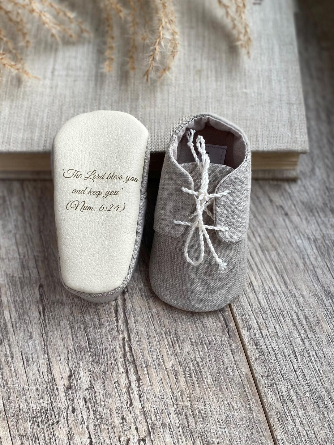 Personalised LINEN Baby Boy Christening Shoes, Baptism Shoes, Natural ...
