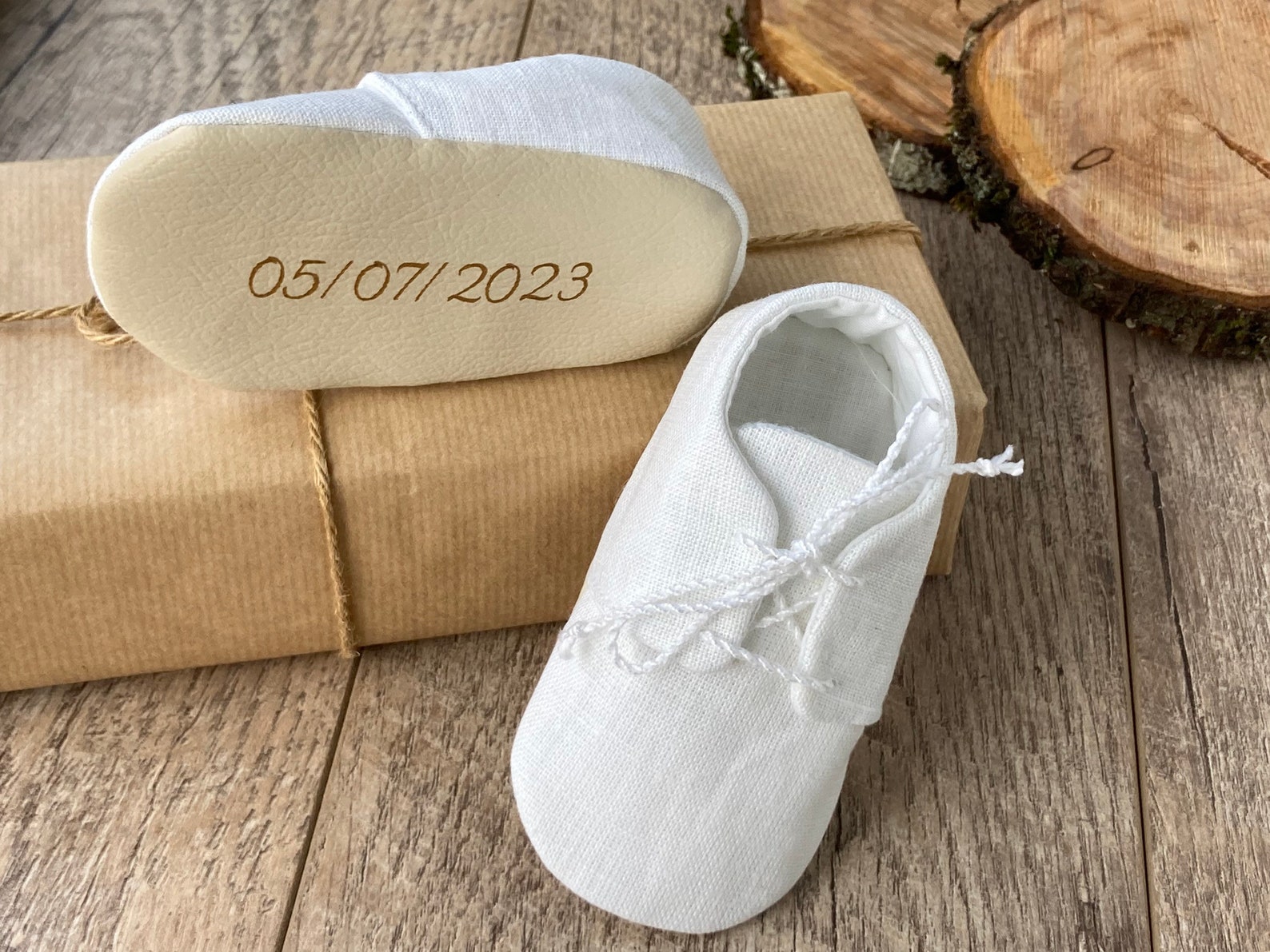 Personalised IVORY LINEN Baby Boy Christening Shoes, Baptism Shoes ...