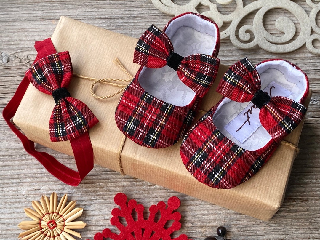 Red Plaid Christmas Baby Girl Shoes, Red Bow Shoes, Red Baby Slippers ...