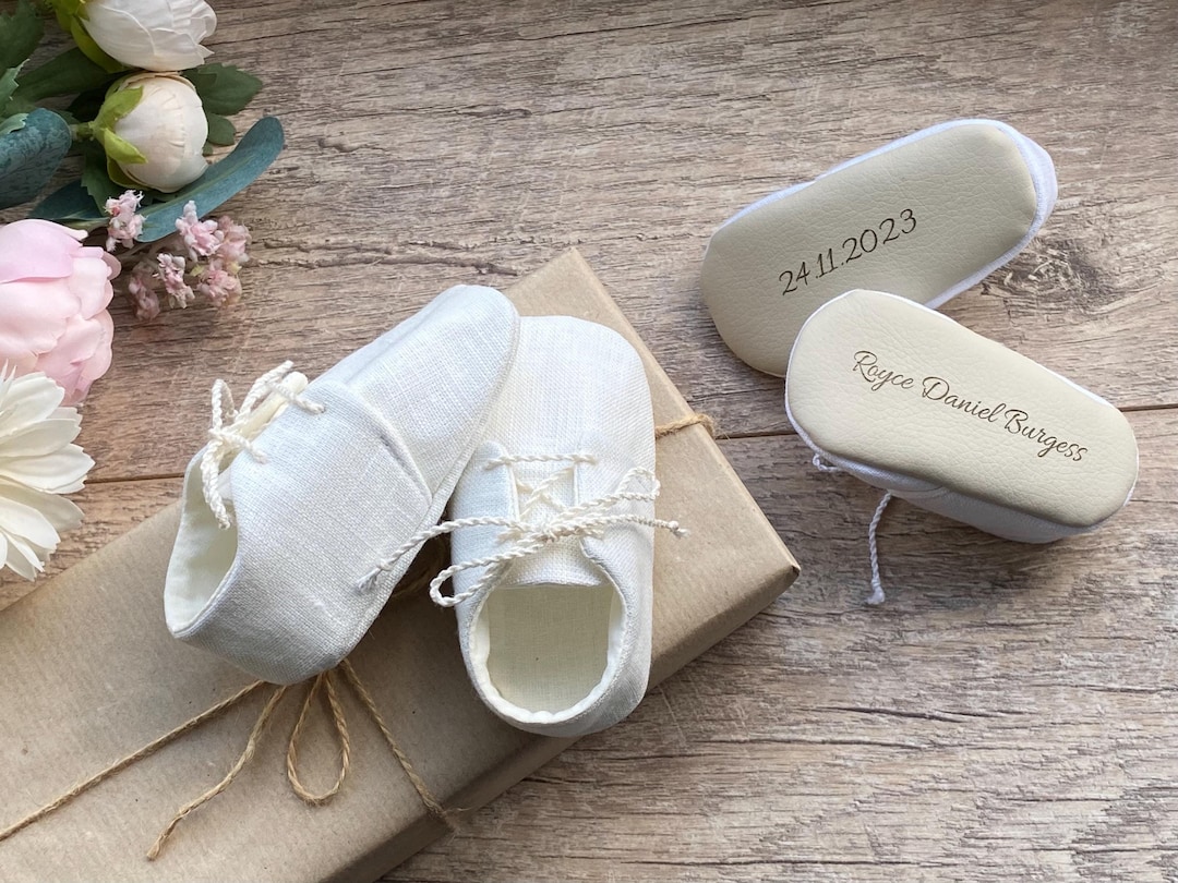 Personalised IVORY LINEN Baby Boy Christening Shoes, Baptism Shoes ...