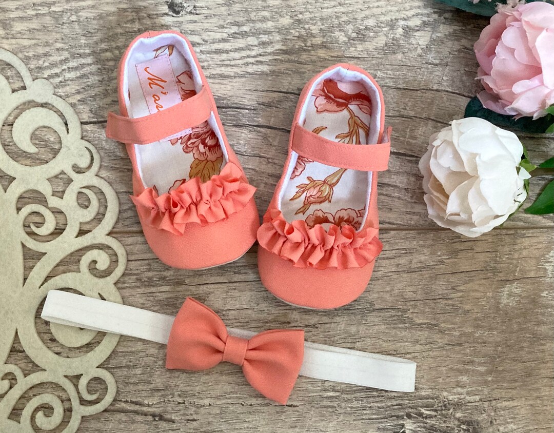 Peach Baby Girl Shoes and Bow Headband, Salmon Pink Baby Ballerina ...