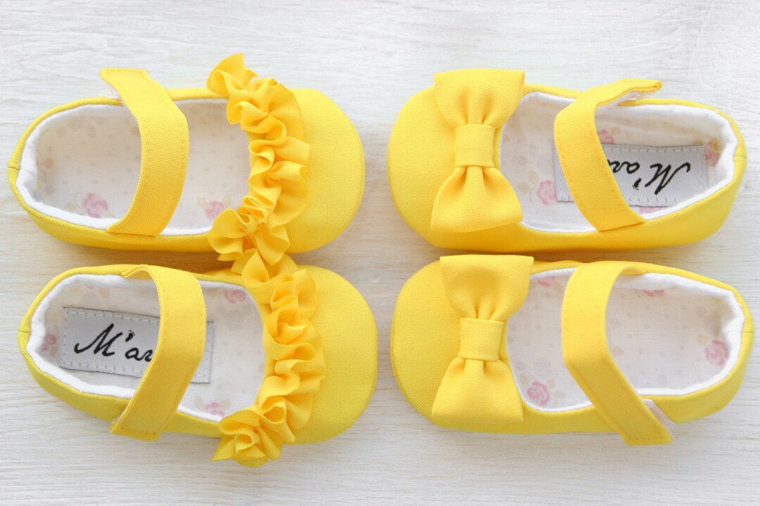 Yellow Baby Girl Shoes, Bow Flats, Handmade Soft Soles, Baby Easter ...