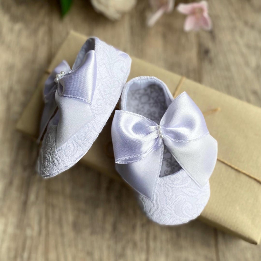 White Baby Girl Baptism Shoes, Floral Lace Texture Blessing Shoes ...