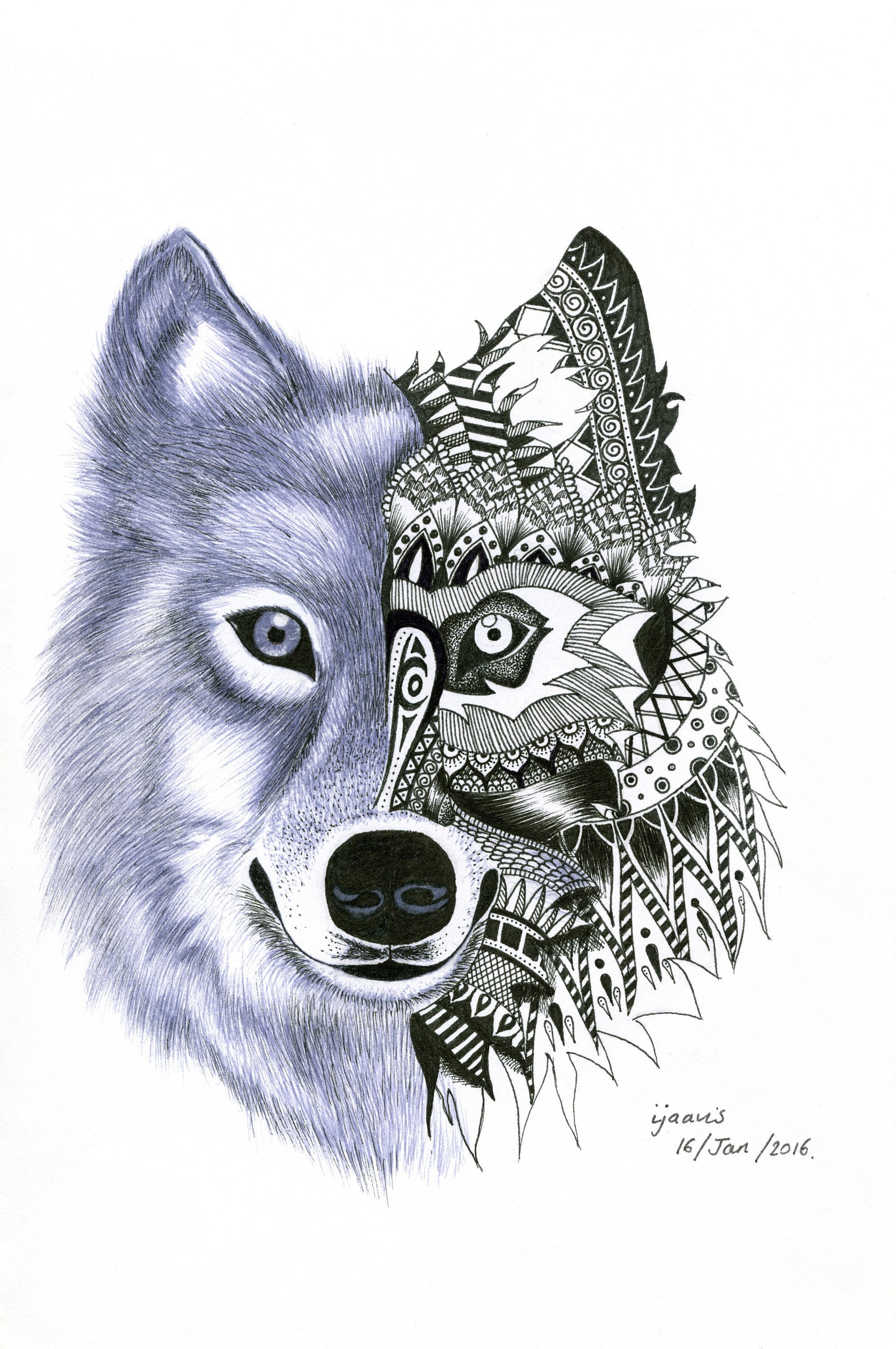 A5 Wolf Mandala Pen Drawing digital File - Etsy