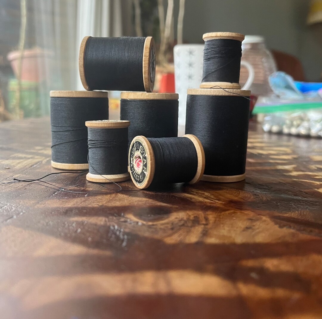 Vintage Wooden Thread Spools With Original Black Thread . 7 Varying ...