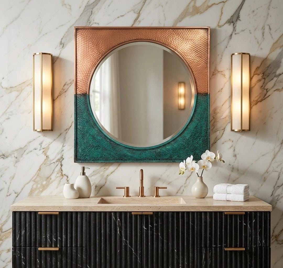 Luxury Hammered Copper Mirror – Square to Round Shape, Verdigris Patina ...