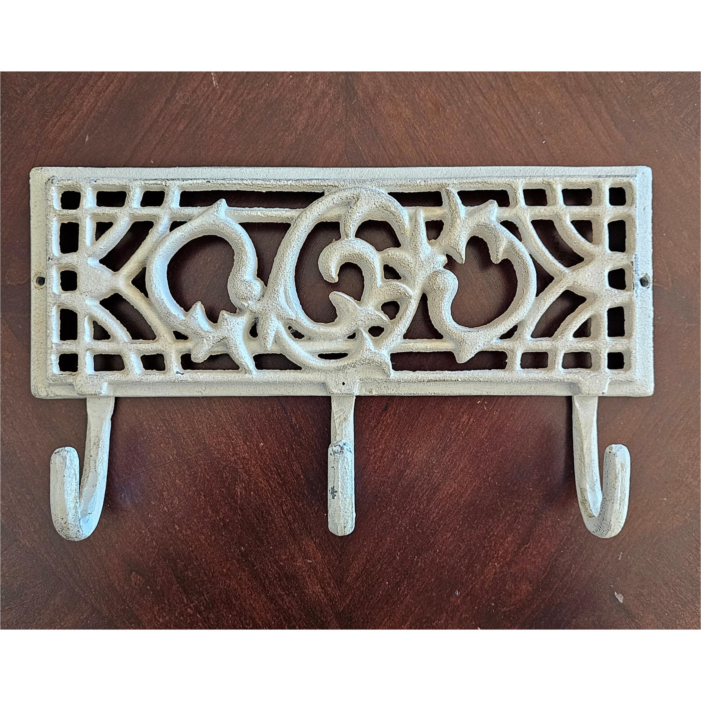 Ornate Cast Iron 3-hook Coat Rack Distressed White Finish Aged Metal ...
