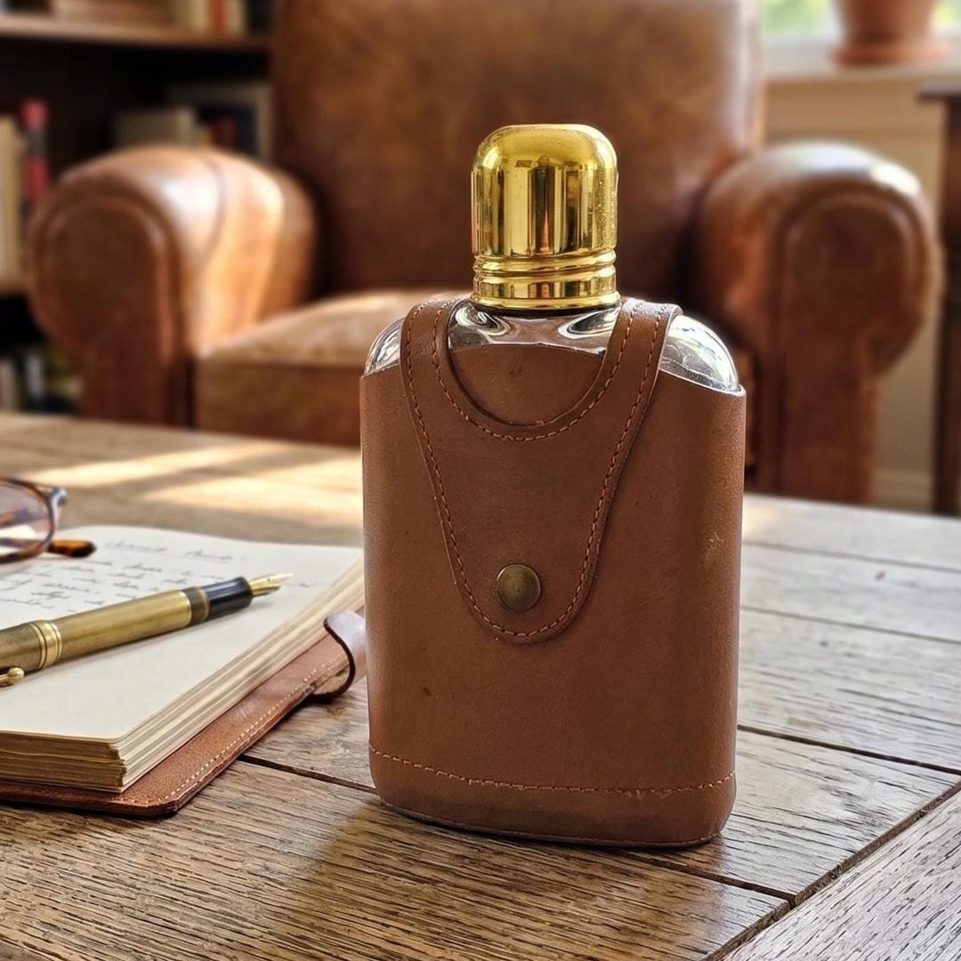 Vintage Flask With Leather Case Retro Classy Whiskey Brandy Topgrain ...