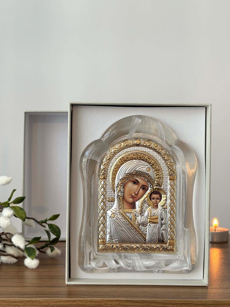 Kasanische Mutter Gottes Ikone, Murano Glas, .999 Reinsilber Bimetall ...
