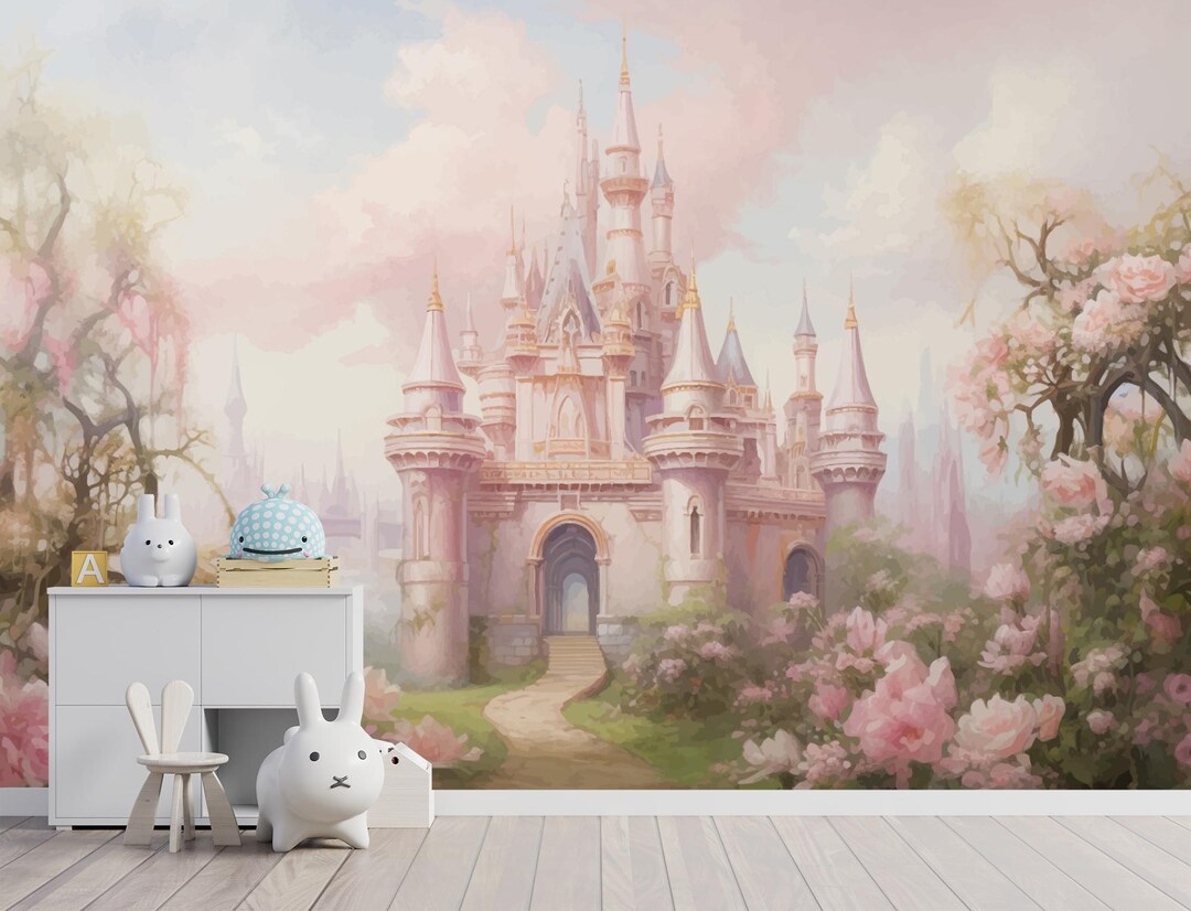 Fairy Tale Castle Wallpaper, Self-adhesive, Soft Pink Mural, for Girl's ...