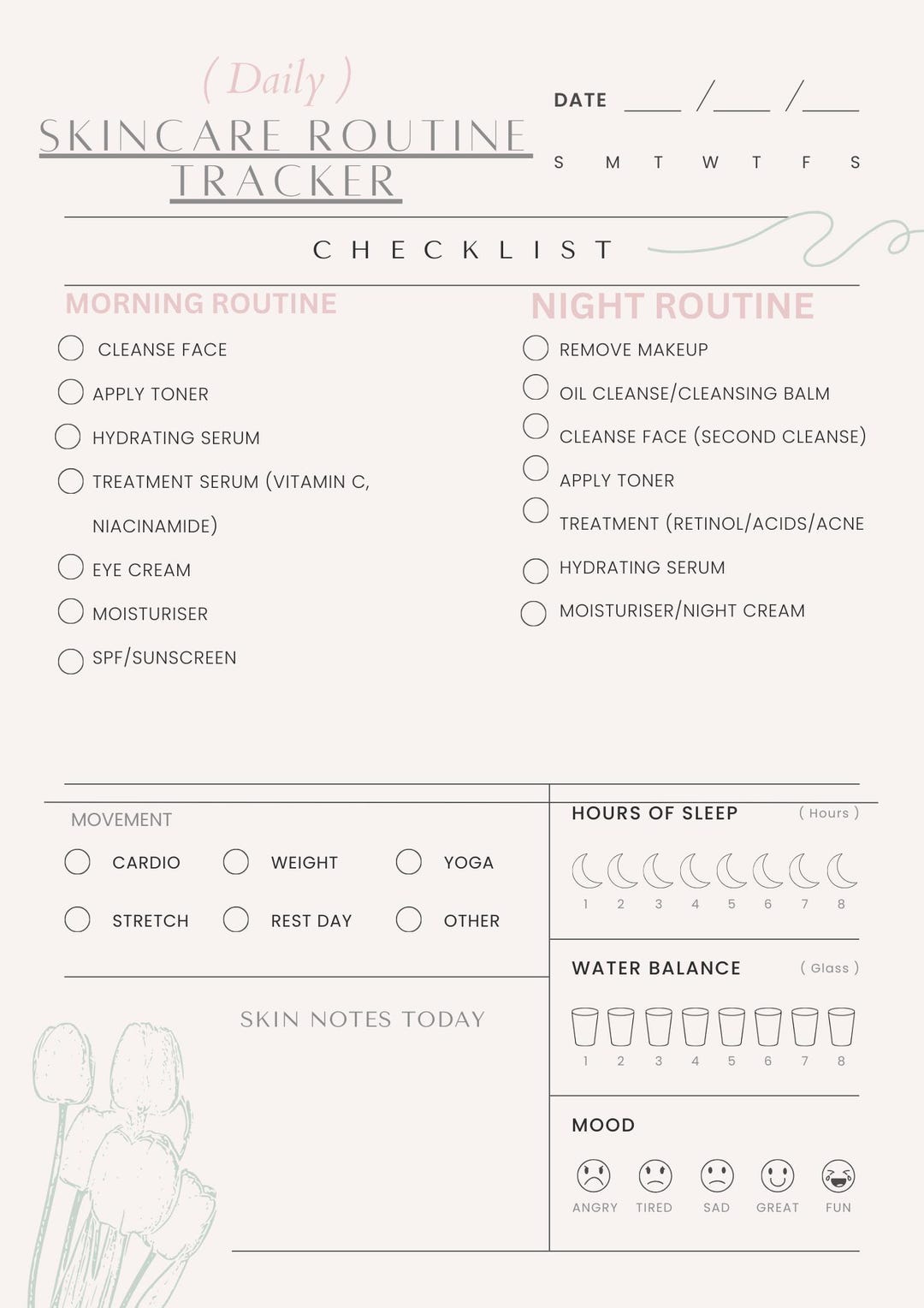 Daily Skincare Routine Tracker Printable | Morning & Night Skincare ...