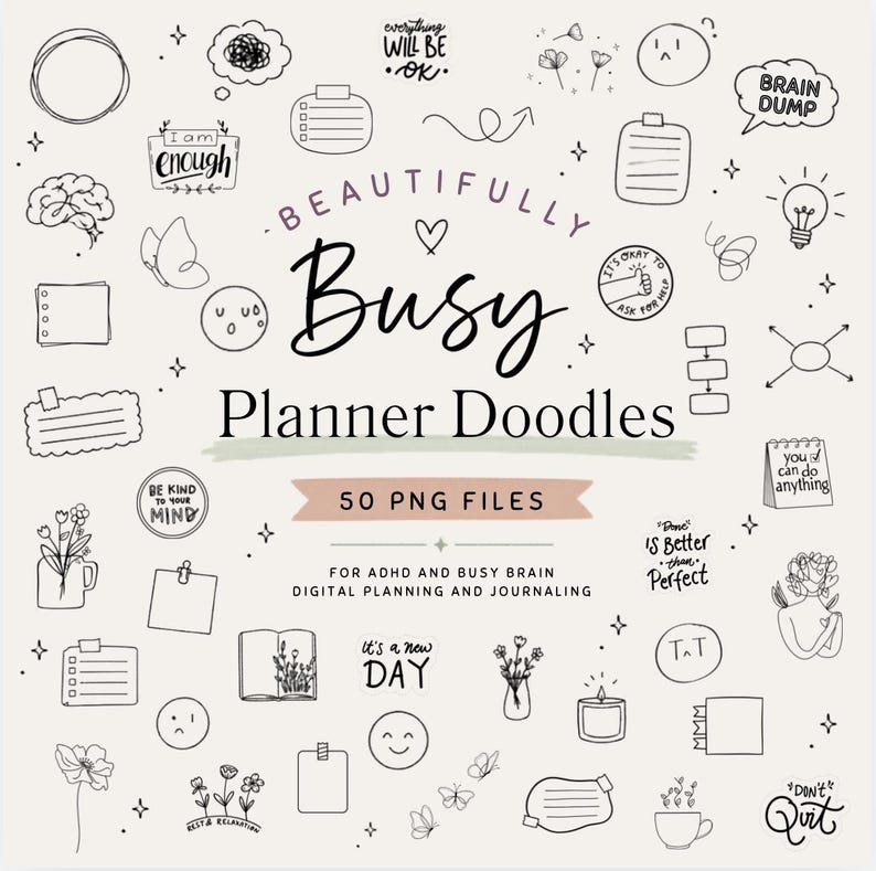 ADHD Planner Doodles | 50 Hand-drawn Style PNG Stickers (digital ...