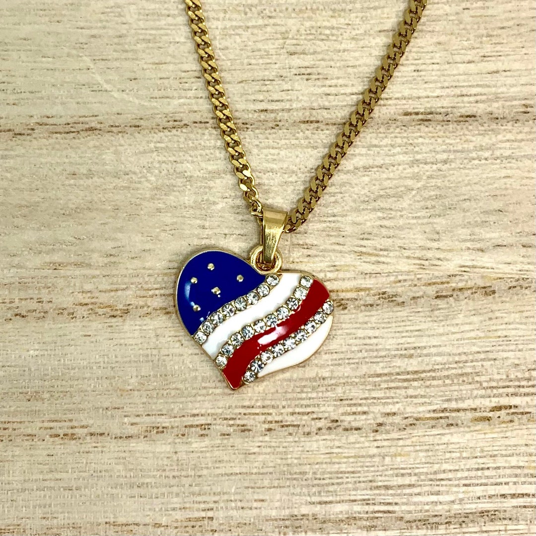 Patriotic Necklace Rhinestone Heart Necklace 4th of July Necklace ...
