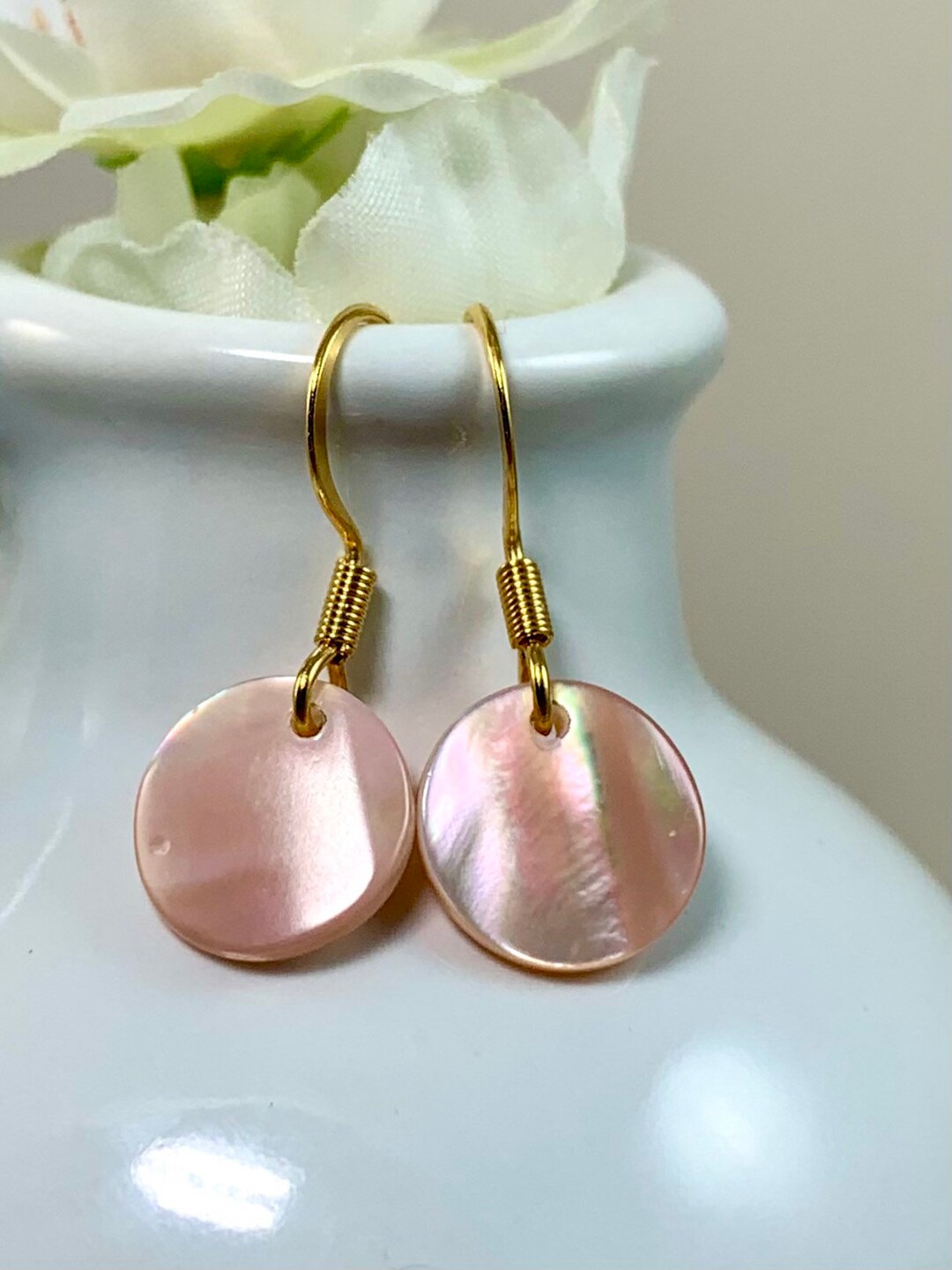 Pink Shell Earrings, Shell Disc-shaped Earrings, Pink Mother of Pearl ...