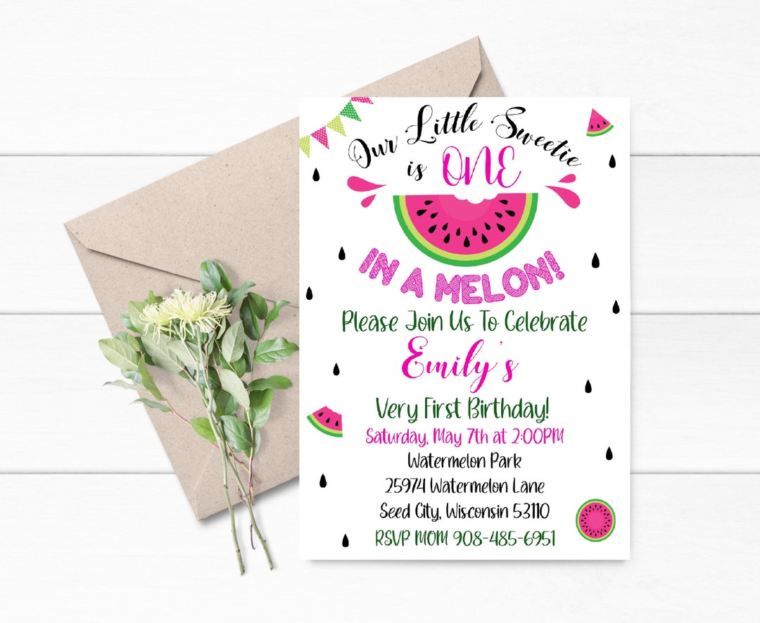 Watermelon Birthday Invitation - Printable Watermelon Invitation - Pink ...