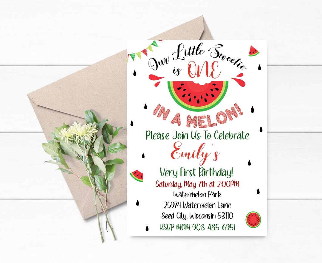 Watermelon Birthday Invitation - Printable Watermelon Invitation - Red ...