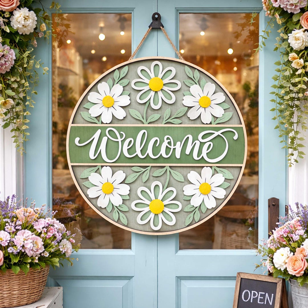 Daisy Welcome Sign SVG, Round Door Hanger File, Floral Porch Decor Cut ...