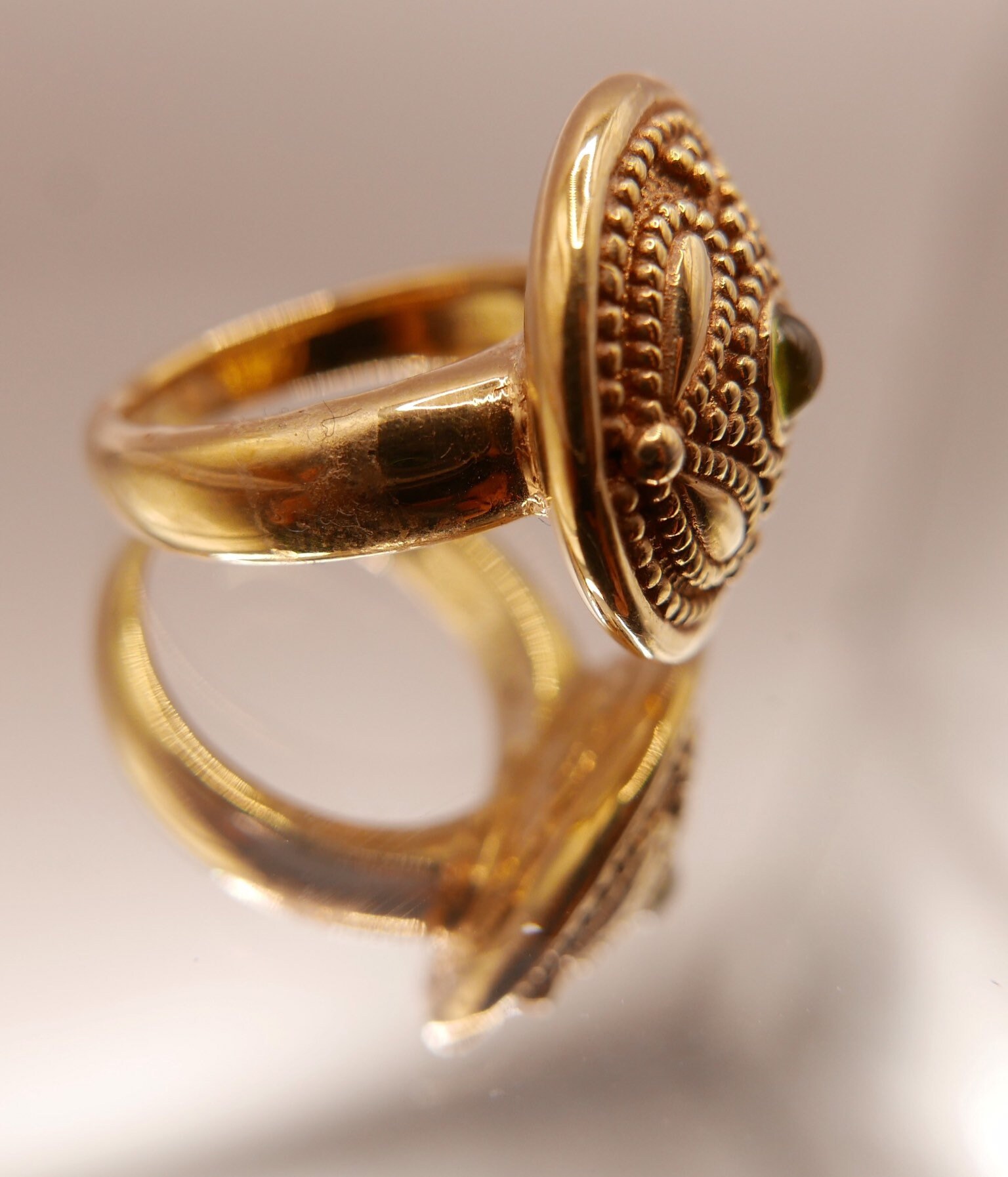 Vintage 14 Carat Gold Etruscan Revival Ring With Bezel Set Peridot ...