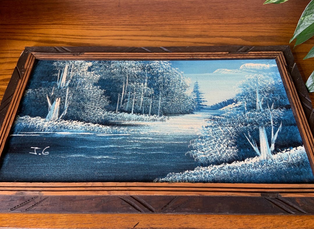 Signed Velvet Landscape Painting: Flowing Blue River, Framed Mexican ...